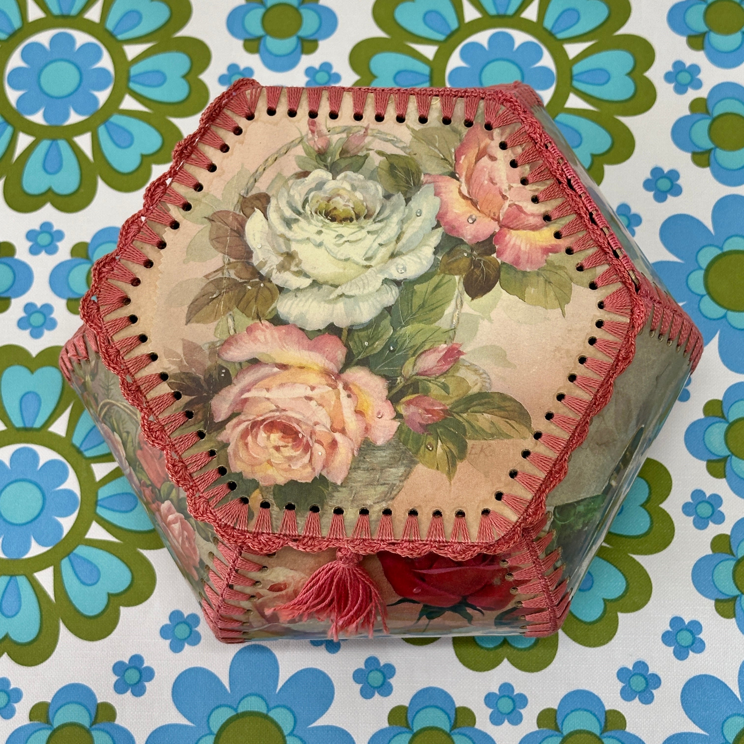 Handmade Vintage Card Box Hankies Storage – Pink Peacock