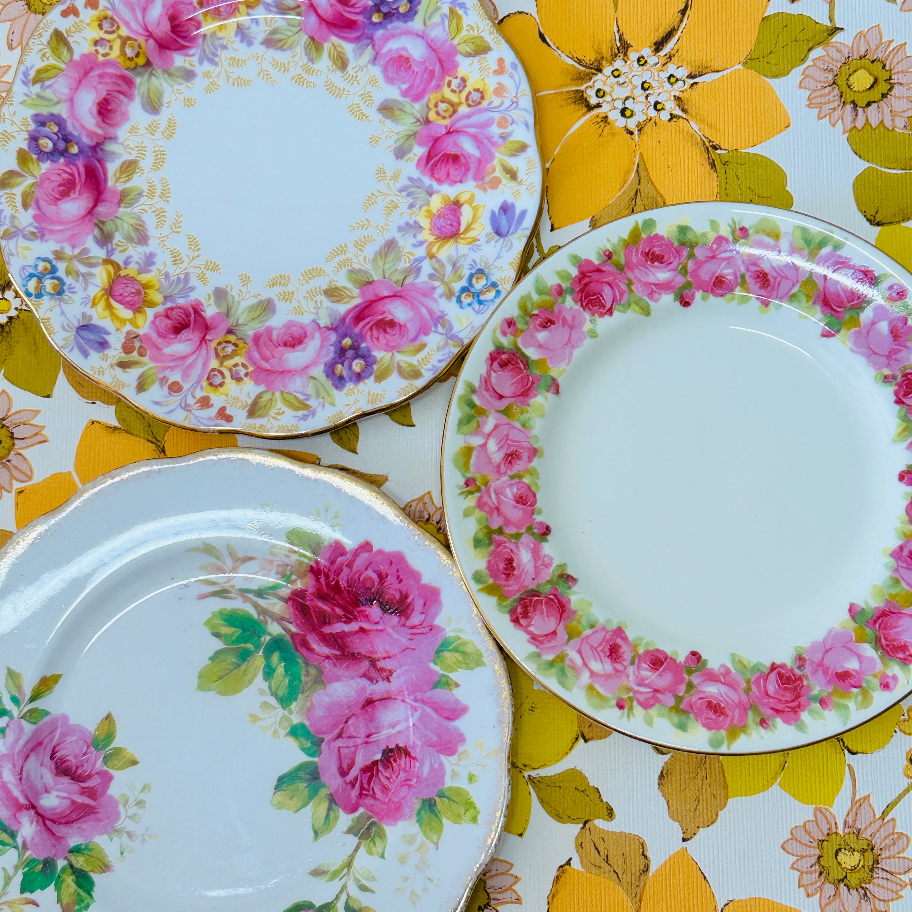 Pretty Set of Vintage Plates Mixed Bunch – Pink Peacock