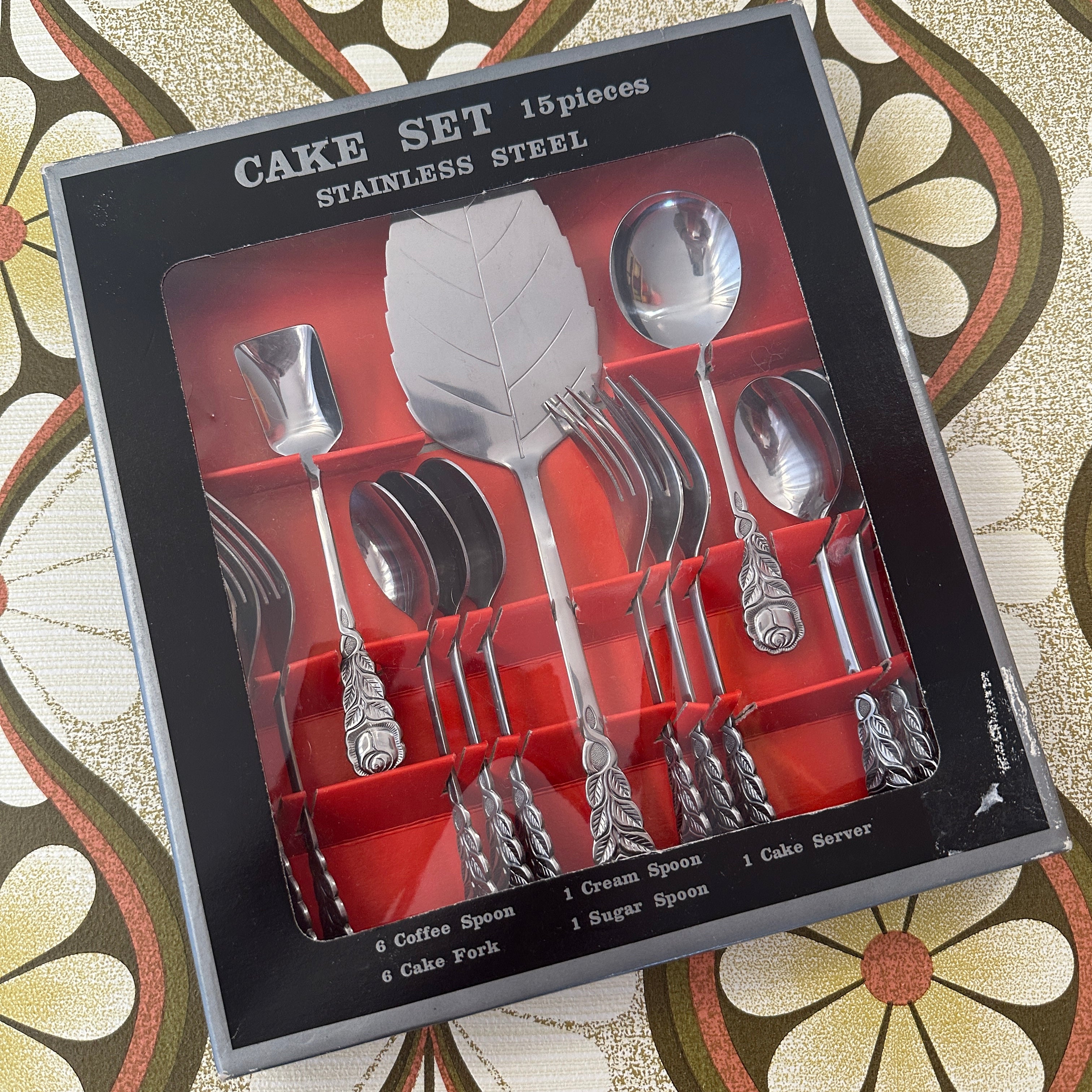 Vintage Boxed STAINLESS Steel Cake Set – Pink Peacock