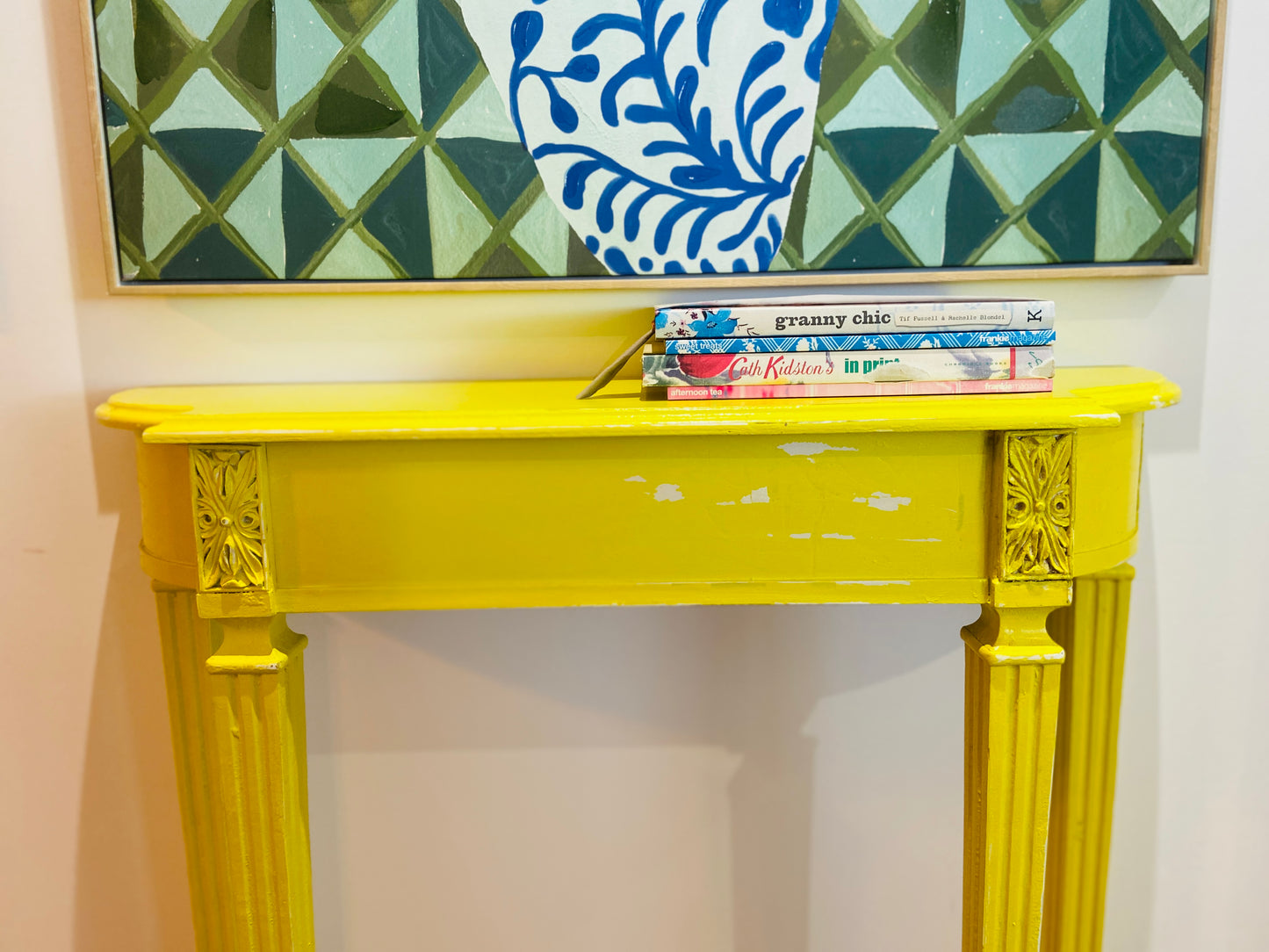 Bright Yellow Hall Table VINTAGE Up Cycled – Pink Peacock