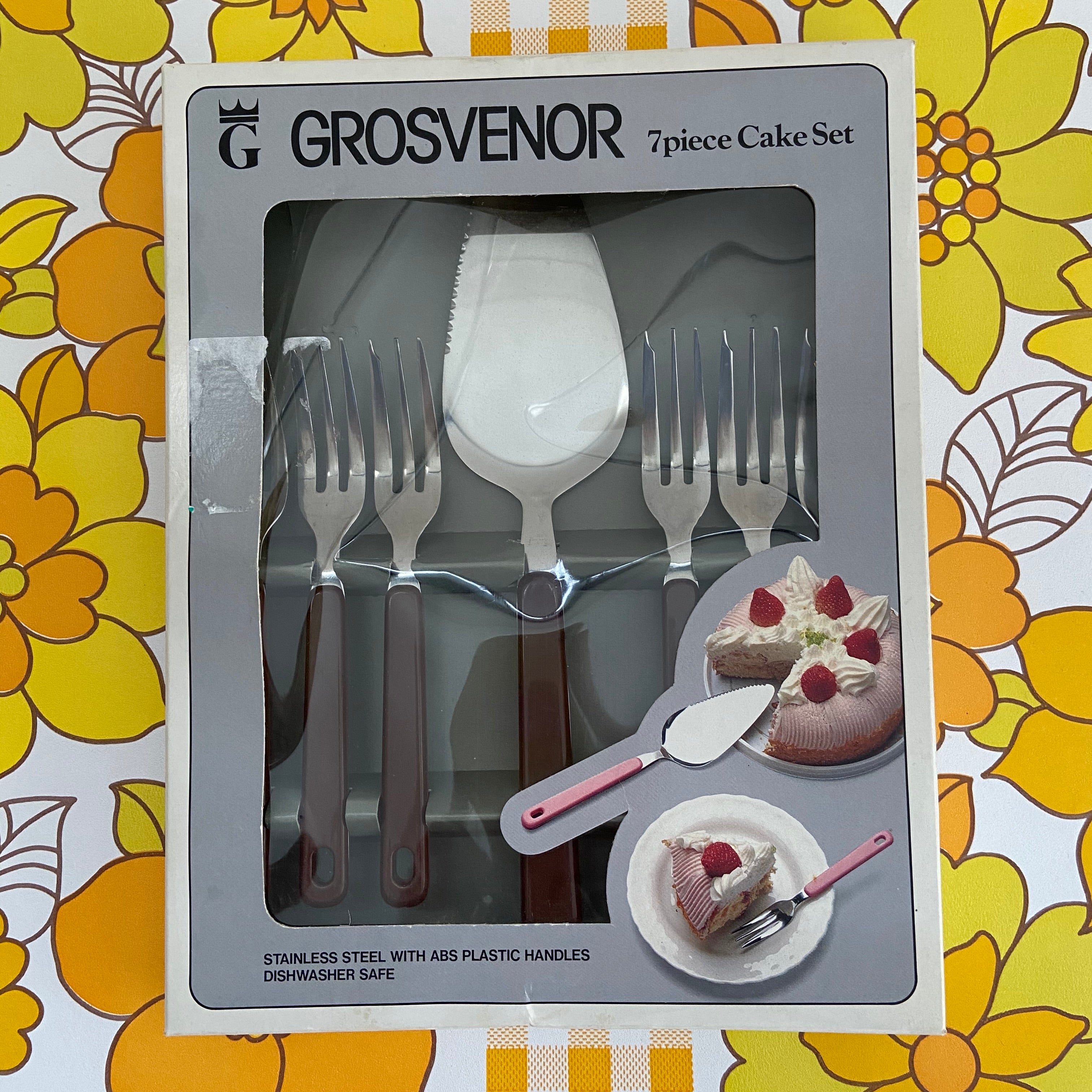 GROSVENOR 7 Piece Cake Set VINTAGE Boxed Stainless Steel – Pink Peacock