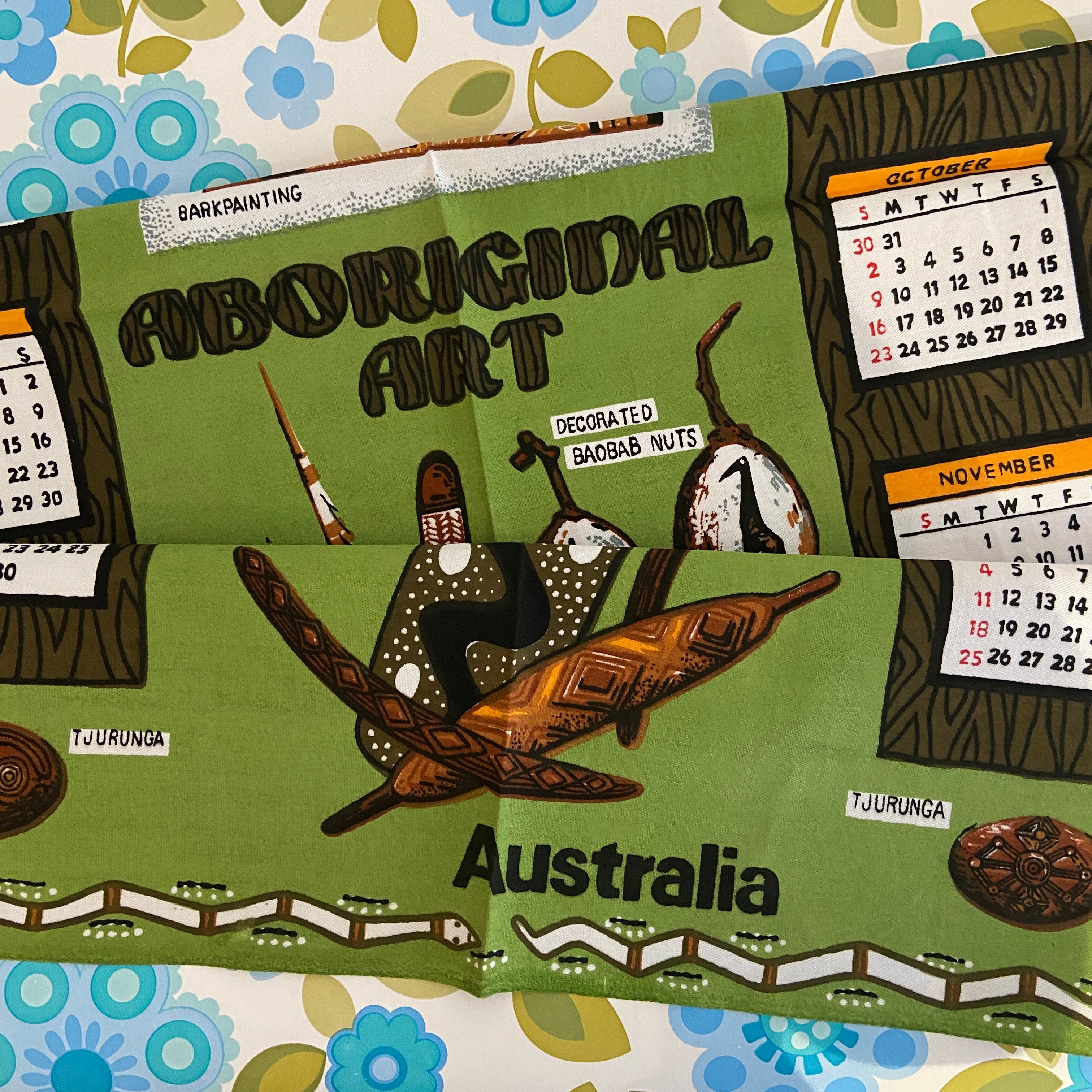 RETRO 1977 UNUSED Cotton Aboriginal Tea Towel – Pink Peacock