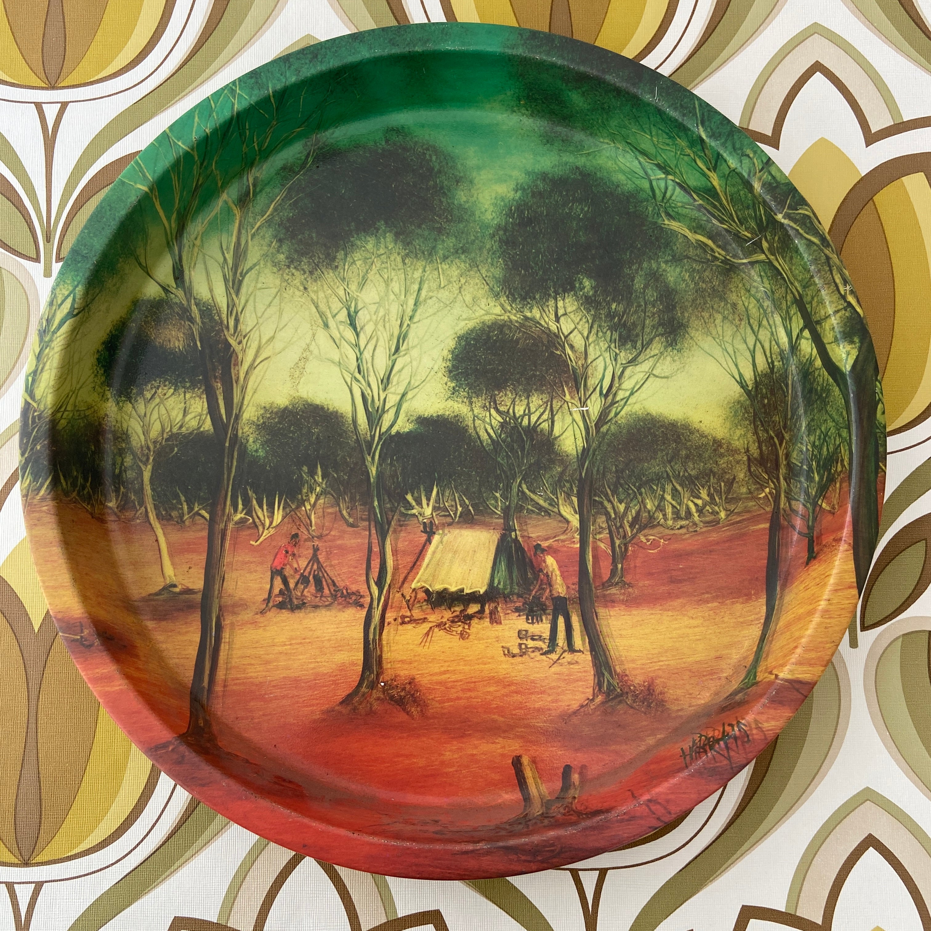 Pro Hart 1975 Tin Round Tray – Pink Peacock